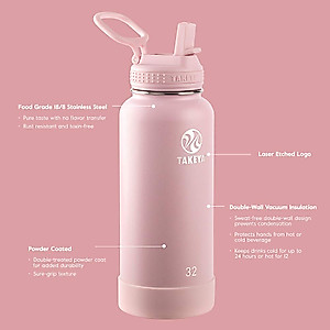 Takeya Actives Insulated Stainless Steel Water Bottle with Straw Lid, 32 Ounce, Blush & Actives Insulated Stainless Steel Water Bottle with Spout Lid, 32 Ounce, Bluestone