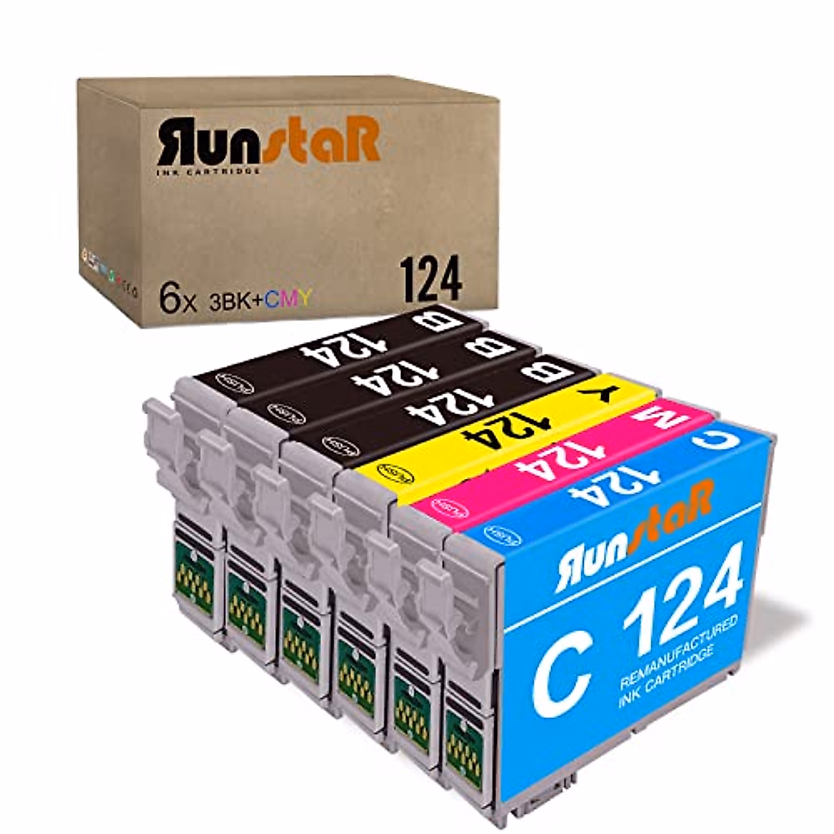 Run Star 124 Remanufactured Ink Cartridge Replacement for Epson 124 T124 Work for NX125 Stylus NX127 NX130 Stylus NX230 NX330 Stylus NX420 NX430 Workforce 320 323 325 435 Printer(3BK/C/M/Y,6 Pack )