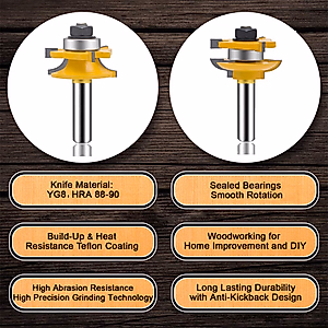 LEATBUY 1/2 Inch Shank Raised Panel Router Bit Set 3 PCS, Round Over Cabinet Door Rail and Stile Router Bits, Woodworking Wood Cutter, Wood Carbide Groove Tongue Milling Tool(1/2-Double R)