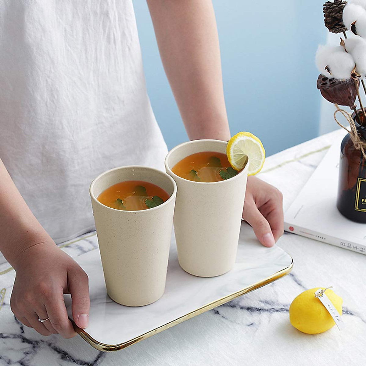 Roucerlin 4 Pack 20 OZ Wheat Cup, Unbreakable Reusable Wheat Straw Drinking Cup, Coffee, Tea, Water, Beer, Milk, Juice Cup, Stackable Travel Cup (Beige)