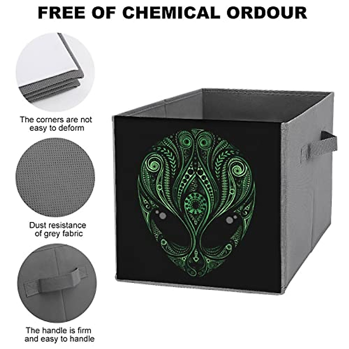 Green Aliens Head Foldable Storage Bins Printd Fabric Cube Baskets Boxes with Handles for Clothes Toys, 11x11x11