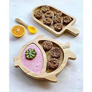 Bamboo Baby Plate with Suction - Kids and Toddler Suction Cup Plate for Babies, Non-toxic All-Natural Bamboo Baby Food Plate Stays Cool to the Touch for Baby-Led Weaning (Fish-Cherry)