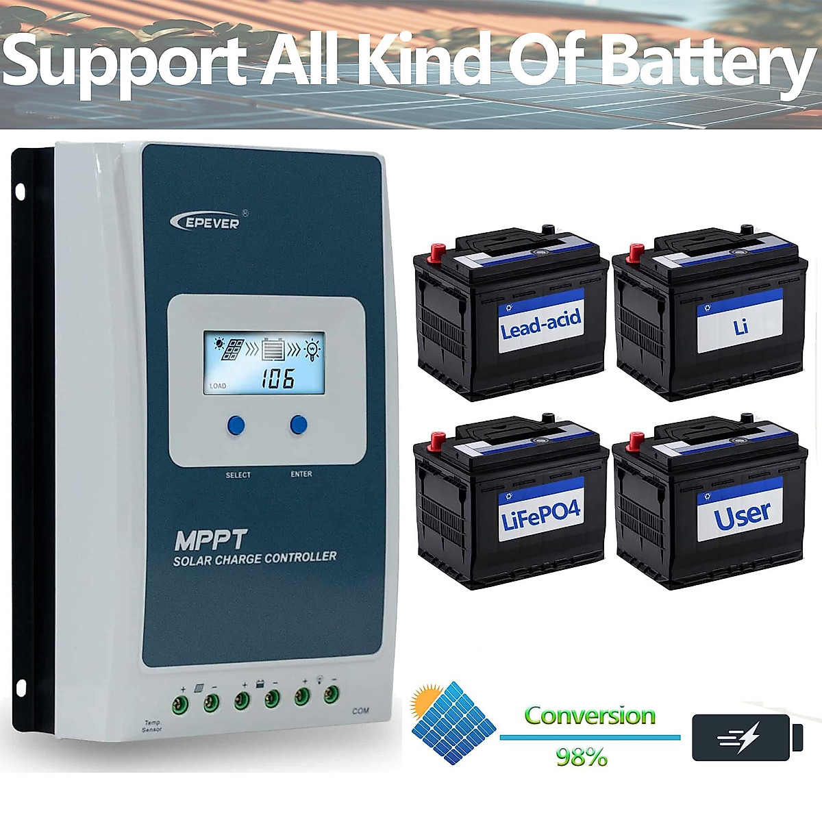 EPEVER 40A MPPT Solar Charge Controller with Tempreture Sensor MT50 Remote Meter 12V 24V Auto Indentify Apply for Lead Acid Lithium LiFePO4 (Tracer4210AN+MT50+Tempreture Sensor)
