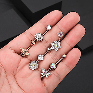 14G Cute Bee Daisy Flower Belly Button Rings for Women Stainless Steel Dainty Cubic Zirconia Crystal Dragonfly Navel Piercing Barbell Studs Belly Bar Fashion Jewelry Gifts BFF (Bee)