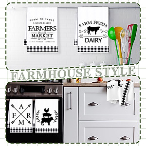 Geyoga 4 Pcs Farm Chicken Kitchen Towels Farmhouse Vintage Buffalo Plaids Dish Towel Rustic Rooster Pig Cow Cloths Hand Towels 16 x 24 Inch Tea Towel for Christmas Bathroom (White, Black,Farm)