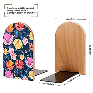 2 Pack Wood Bookends,Flowers Tulips Pattern Decorative Book Ends Support for Shelves Desktop Organizer Wooden Bookshelf for Home School Office