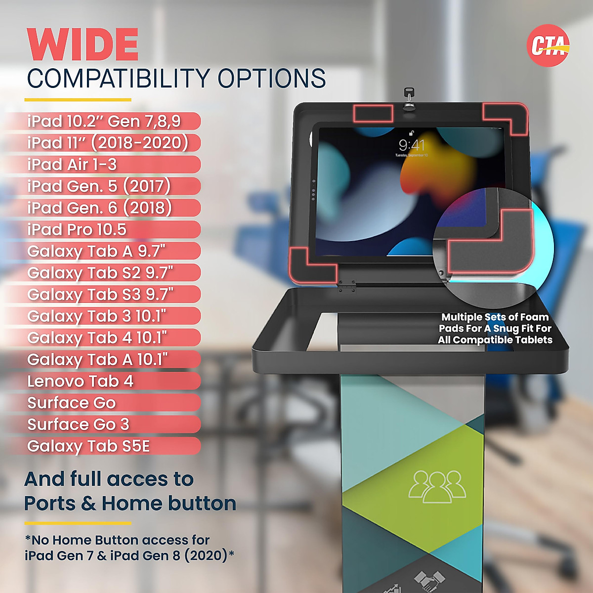 Premium Kiosk Floor Stand - CTA Locking Floor Stand Kiosk - IPad 10th Gen 10.9-Inch - IPad 7/8/9 Gen 10.2-Inch - IPad Pro 11" - IPad 5/6 Gen - Surface Go - Galaxy Tab S5E & More - Black (PAD-PARAF)