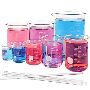 SUPERLELE 8pcs Glass Graduated Beaker Set 25, 50, 100, 200, 250, 400, 500, 1000ml, Glass Measuring Beakers with 4 Stirring Rods