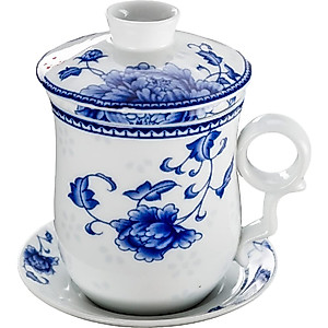 CALLARON Vintage Decor Chinese Porcelain Tea Mug with Infuser Lid and Saucer Sets Chinese Jingdezhen Ceramics Coffee Mug Loose Leaf Tea Brewing System for Home Office Kitchen Tea Cup