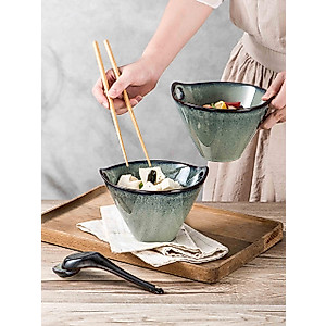 Henten Home 20 OZ Ramen Bowls Set, Ceramic Japanese Noodle Bowls Set of 2, Porcelain Deep Salad Bowl with Chopsticks for Udon, Reactive Glaze, Microwave Safe (Teal)