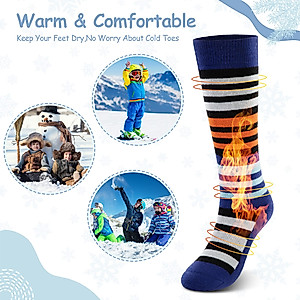 LULLABY KIDS Snow Ski Socks Full Terry Warm Skiing Socks Boys Thermal Socks Merino Wool Socks For Toddlers Kids Warm Socks, 2 Pairs Strip, 3-5 Years