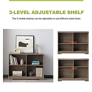 Modern 2 Tier Open Bookcase,Adjustable Shelves 4 Cube Bookshelf with Base, Bookshelves 39.37x 11.69x 28.74 inch Wide,Wood Short Bookshelves Standing Display for Living Room,Bedroom,Grey.