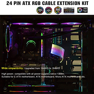 HLTJAN PCCOOLER Power Supply Cable, Customization 24 Pin ATX RGB Cable Extension Kit 16AWG, 5V 3Pin Synchronized PSU Cable for RGB Software from All Major Motherboard Cable Management