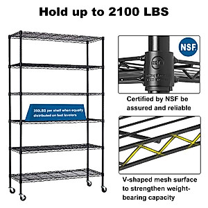 FLL 6 Tier Metal Wire Shelving Unit Garage Shelving Wire Shelving for Garage Kitchen,NSF Certification Metal Storage Shelf Rack Shelf Heavy Duty Shelves Height Adjustable with Wheels,48×18×82,Black