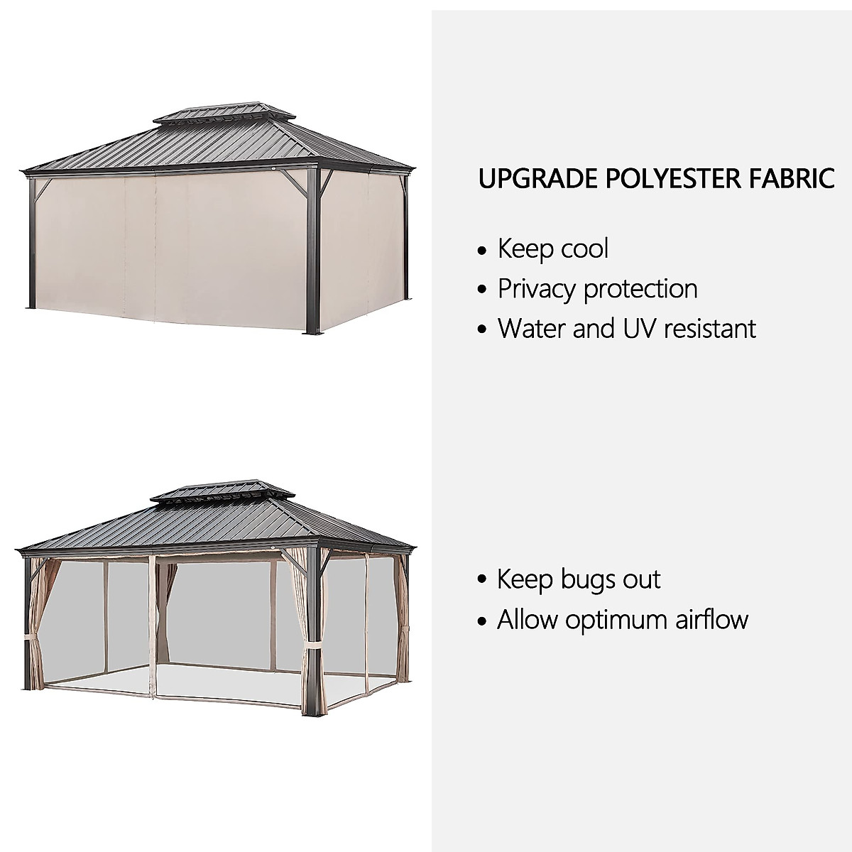 Ulax Furniture 12' x 16' Outdoor Gazebo Patio Permanent Hardtop Pergola with Aluminum Frame Galvanized Steel Double Roof Mosquito Net and Privacy Curtain