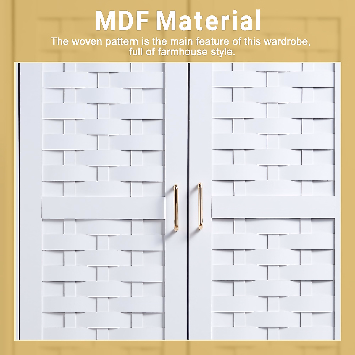 LEVNARY Armoire Wardrobe Closet with 2 Woven Doors, Wardrobe Cabinet with 2 Storage Drawers and Hanging Rail, Freestanding Wooden Closet for Bedroom (White)