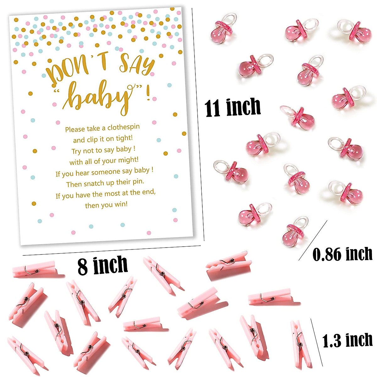 Don't Say Baby Shower Clothespin Game for Girl Includes 8x11 Standing Sign, 60 Mini Pink Clothes Pin, 60 Mini Pacifiers