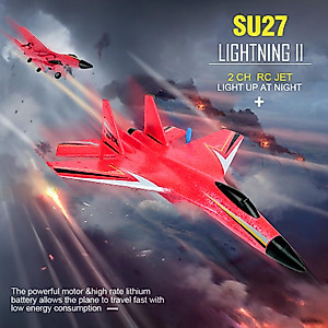 Fremego Su-27 RC Airplane,2.4GHz 2 Channel Remote Control Plane with Gyro Night Lights and 2 Batteries, Easy to Fly for Adults, Beginners and Kids Toy