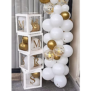 Fonder Mols 4PCS White Transparent Balloon Boxes with Gold Glittered MISS TO MRS Letters for Wedding Party Bridal Shower Engagement Decorations (No Balloons)