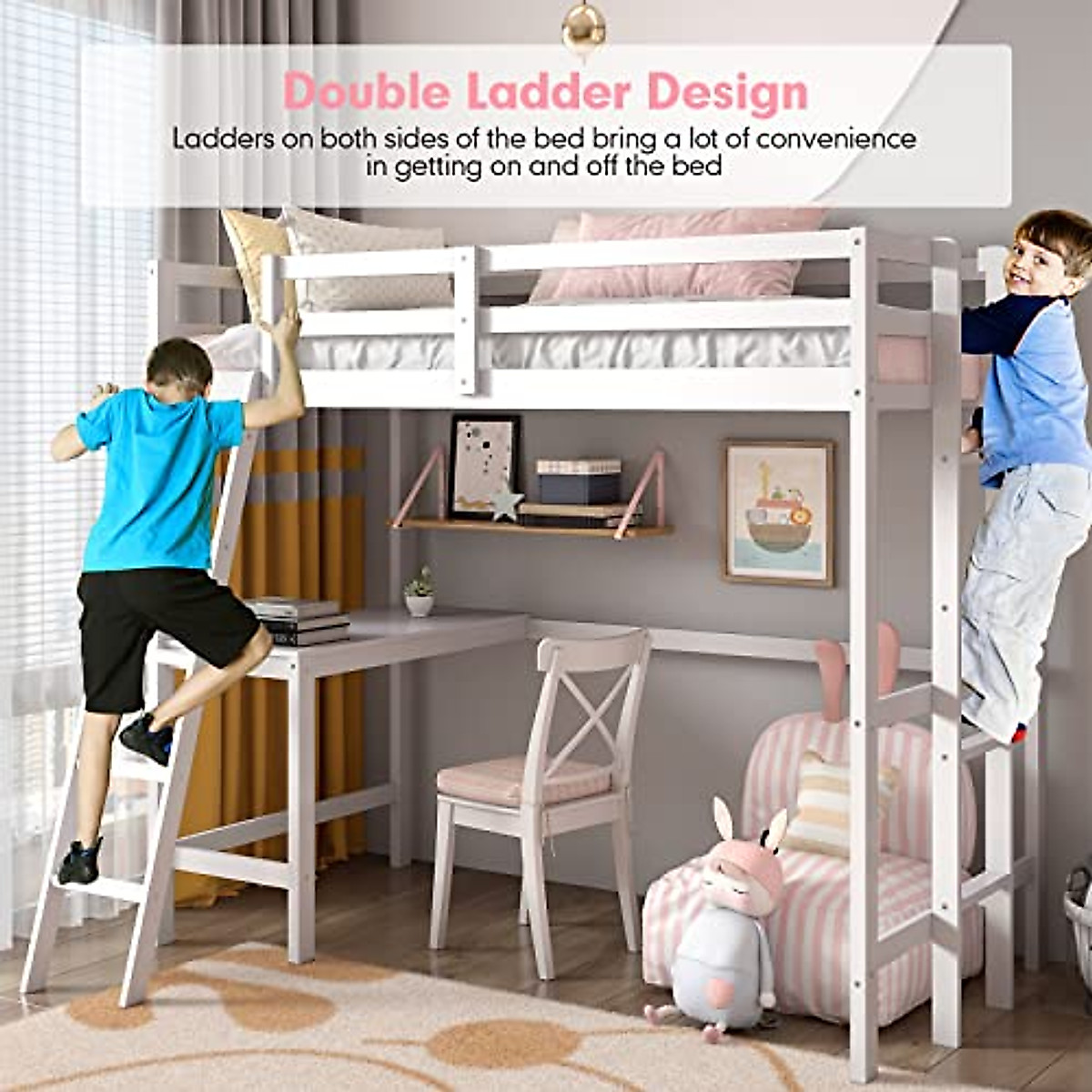 KOMFOTT Twin Loft Bed with Desk, Solid Wood Loft Bed Frame with 2 Ladders, Safety Guardrail for Teenagers and Adults, Space-Saving Loft Bed with Wooden Slats Support, No Box Spring Needed (White)