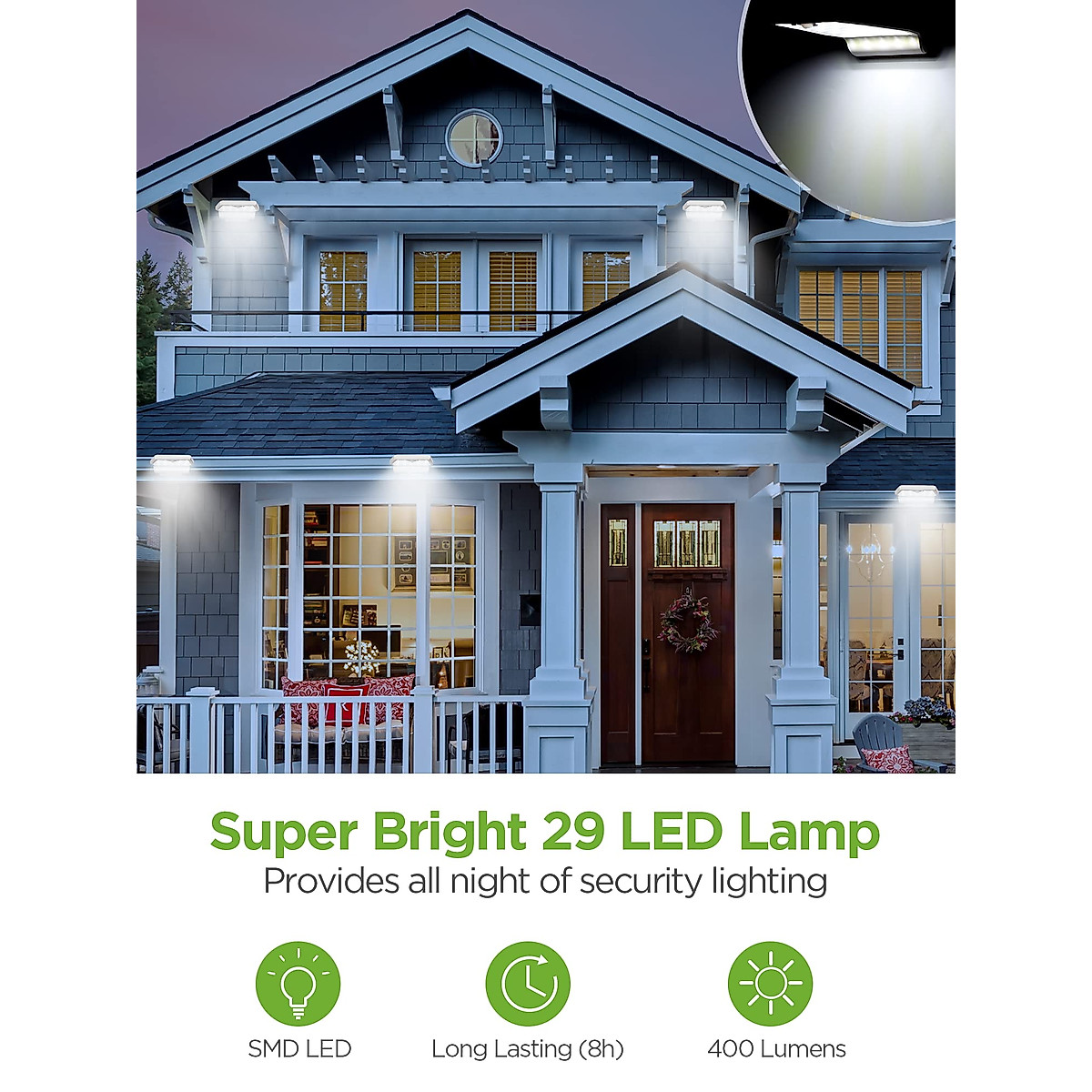 InnoGear Solar Gutter Lights Outdoor Waterproof, 29 LED Solar Motion Lights with 4 Lighting Modes Solar Outdoor Lights Wireless with Mounting Pole for Wall Fence Yard Barn Porch Garage, Pack of 2