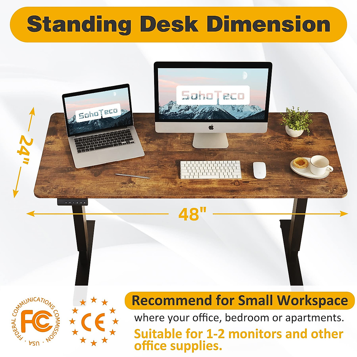 SohoTeco Height Adjustable Electric Stand Up Desk, 48x24 Computer Desk with Memory Presets for Home and Office, Black Frame & Brown Desktop
