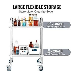 VEVOR Lab Rolling Cart, 2-Shelf Stainless Steel Rolling Cart, Lab Serving Cart with Swivel Casters, Dental Utility Cart for Clinic, Lab, Hospital, Salon, 15.16"x21.57"x34.06"