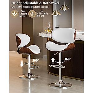 Aowos Bar Stools Set of 4, Adjustable Swivel Leather Bar Stools for Kitchen Island, Mid Century Modern Counter Height Bar Chairs Barstools with Back & Footrest (White)