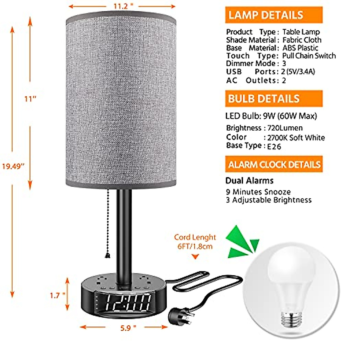 Gray Nightstand Light Lampshade 6ft Plug Extension Cord Dual USB Charging Port AC Outlet, Cylinder Desk Lamp Clock Charger Bedroom Home Dorm School Office Electric Adapter Socket Reading Work Study