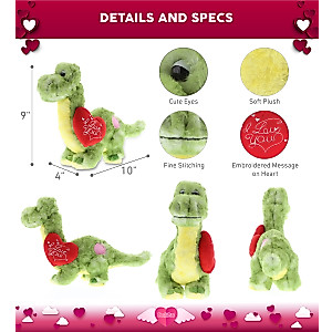 DolliBu I Love You Valentine Green Dinosaur Plush - Cute Dinosaur Stuffed Animal with Red Heart and Name Personalization Gift for Valentines Day, Birthday, Anniversary, Romantic Date - 10 Inches