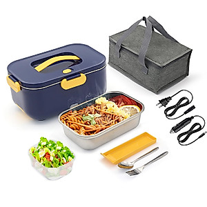 2L Electric Lunch Box,80W Portable Food Warmer Lunch Box Fast Heated Lunch Boxes for Adults,Rechargeable 12V 24V 110V Self Heating Lunch Box for Car Truck Work with SS Container Fork Spoon Carry Bag