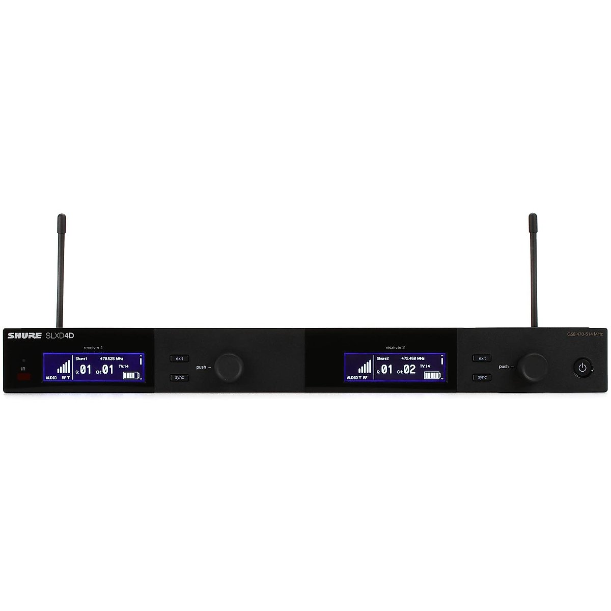 Shure SLXD4 Dual Channel Receiver - for use with SLX-D Digital Wireless Microphone Systems, Transmitters Sold Separately | G58 Band (SLXD4D=-G58)
