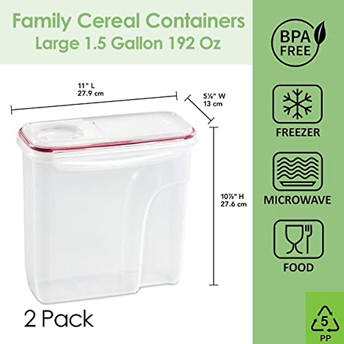 Cereal Containers Storage Dispenser Extra Large 1.5 Gallon (192 Oz) Keeps Fresh Cereal Airtight Lid Plastic, Dog or Cat Food Containers Family-Size Cereal Keeper, Dishwasher Safe - Made In USA - 2 Pack