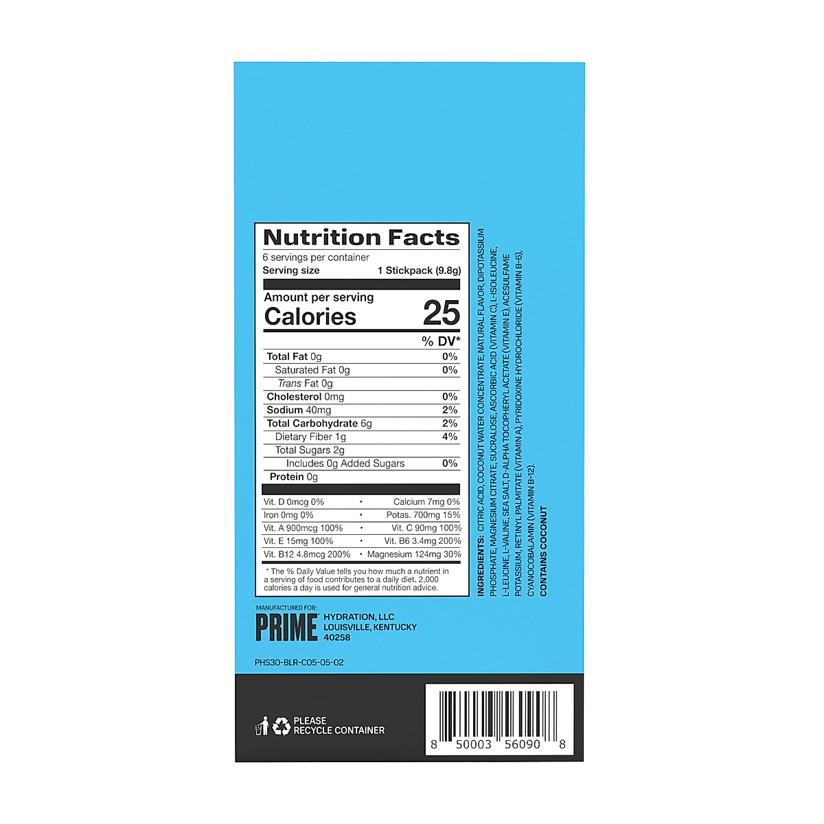 PRIME HYDRATION+ Sticks Blue Raspberry | Hydration Powder Single Serve Sticks | Electrolyte Powder On The Go | 250mg BCAAs, B Vitamins, Antioxidants | Low Sugar | Caffeine-Free | Vegan | 6 Sticks