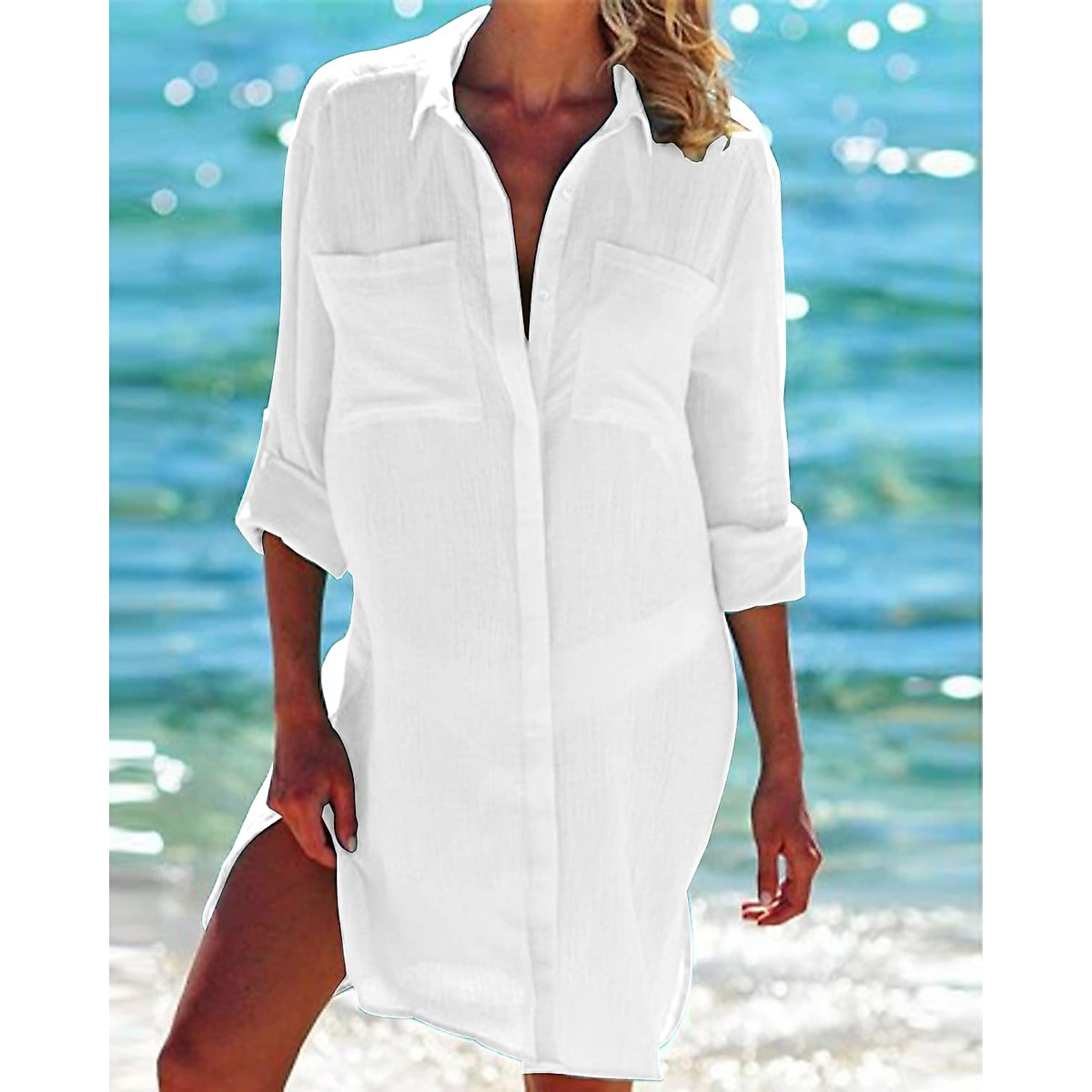 ZIWOCH Womens Sexy Beachwear Button Down Shirts Casual Bathing Suits Swimsuits Cover Up with Pockets White