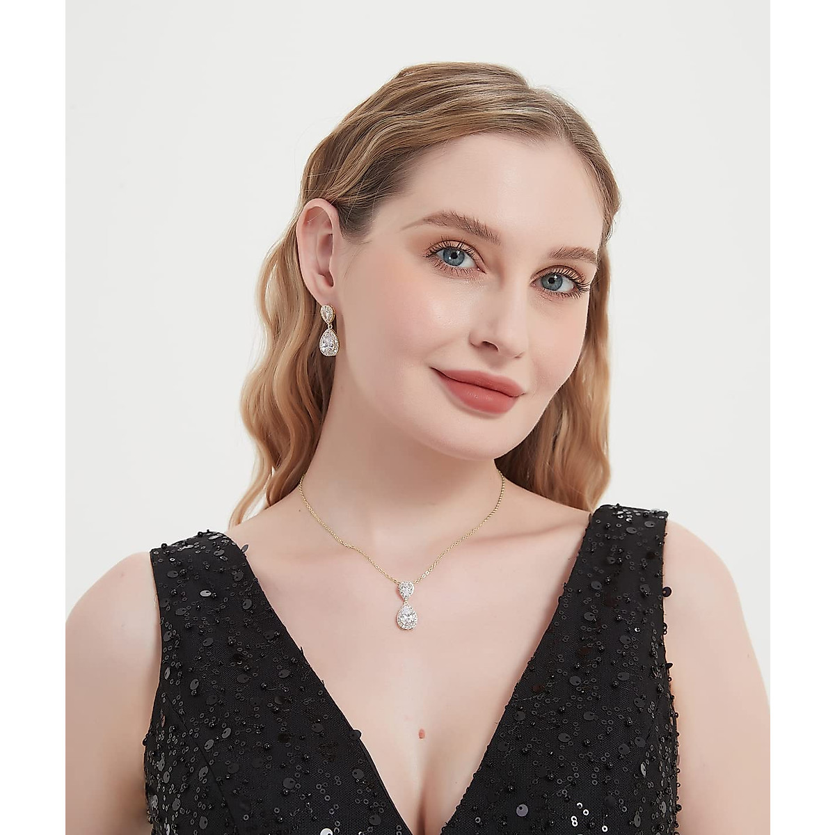 UDORA Teardrop Cubic Zirconia Drop Earrings Necklace Bridal Jewelry Sets Wedding Prom Gifts for Bridesmaid (18K Gold)