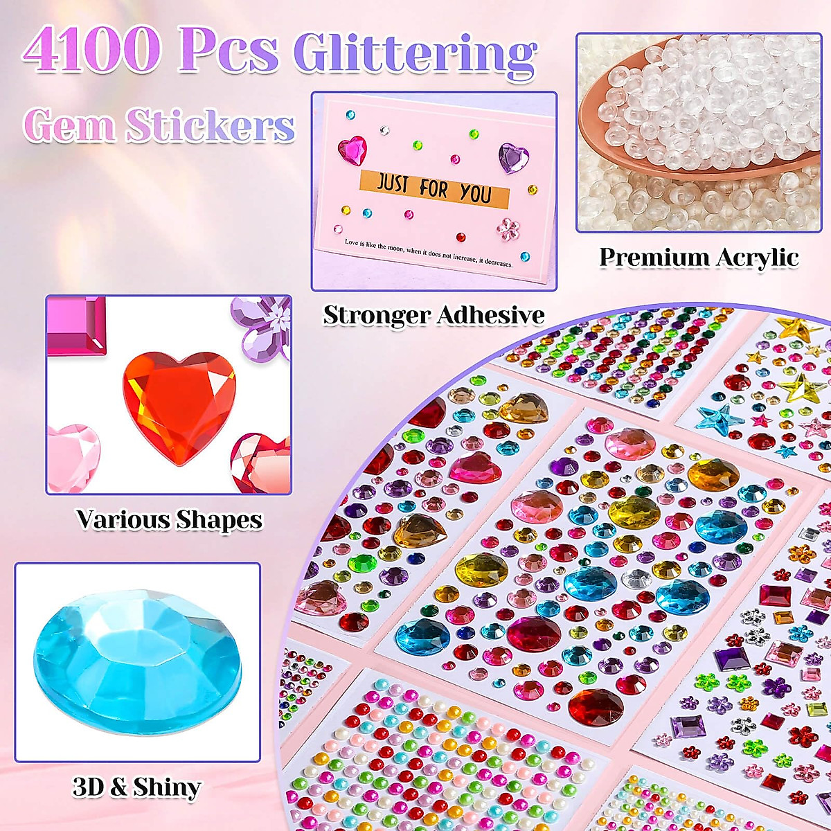 ROADPLUM 4100Pcs Gem Stickers for Crafts, 10 Sheets Self Adhesive Gemstones Pearl Jewels Stickers for Kids Crafts, Stick on Gems Pearls for Hair, Bling Rhinestone Stickers for Decoration