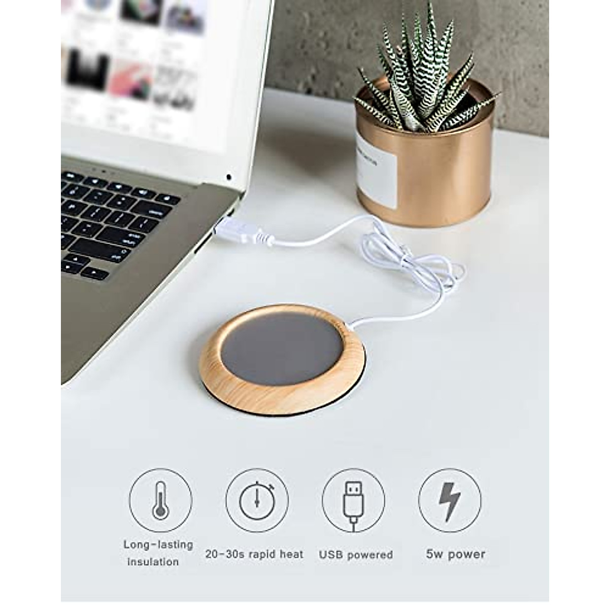 Wood Grain Electric Portable Cup Warmer Plate & Coffee Warmer & Mug Warmer with USB Cable for Office/Home/Travel Use, Suitable for Stainless Steel Cup, Ceramic Cup, Glass Cup, etc(Light Wood Grain)