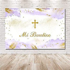 MEHOFOND 7x5ft Mi Bautizo Baptism Backdrop Mexican Gold Bless First Holy Communion Christening Banner Purple Watercolor Clouds Photography Background Party Decoration Photo Booth Props