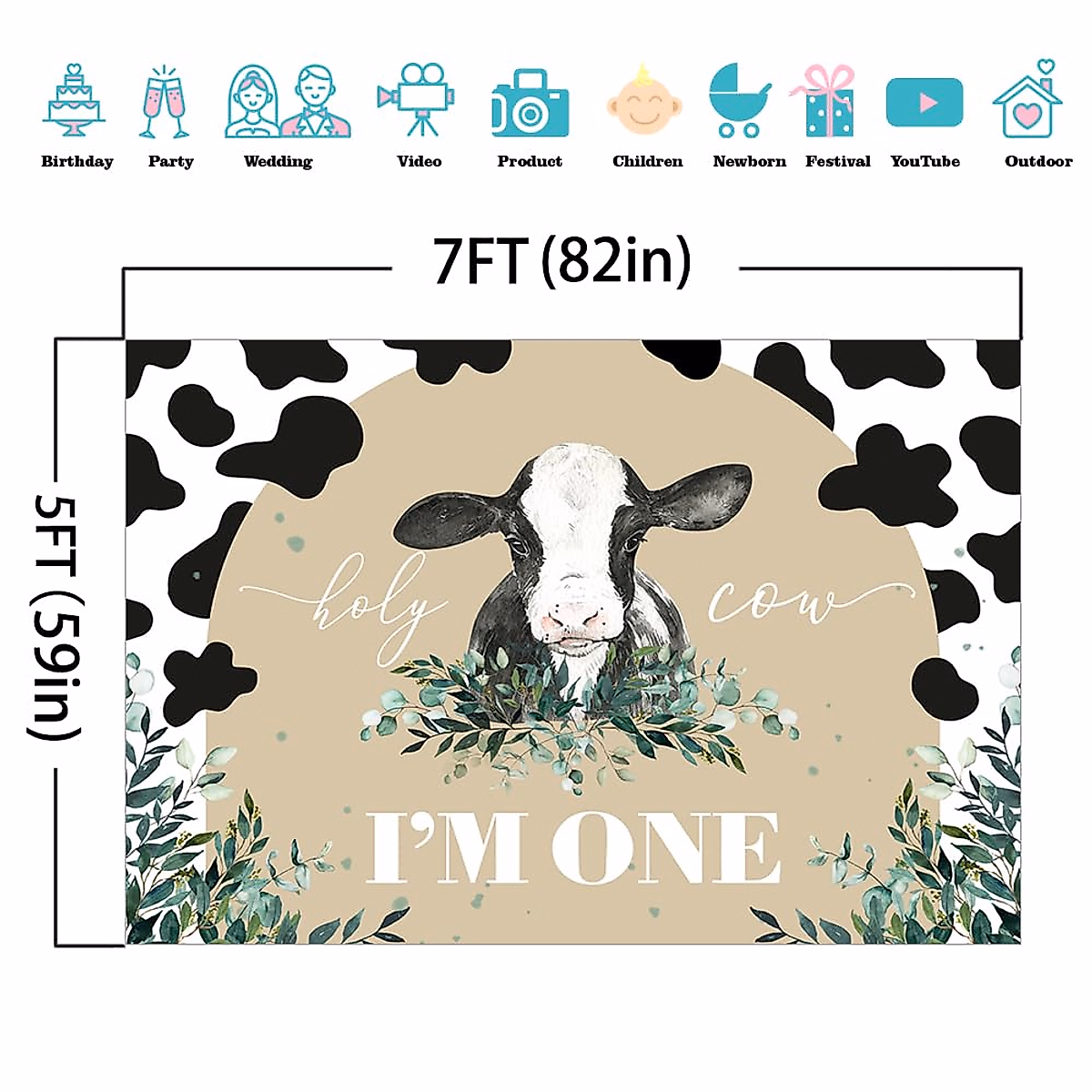 Mocsicka Holy Cow I'm One Backdrop Green Leaves Cow 1st Birthday Party Background Farm Boy Cow First Birthday Party Decorations Banner Photo Studio Props (7x5ft)