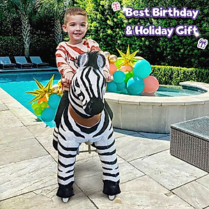 PonyCycle Zebra Kids Ride on Toys Kids Scooters Classic Model U (with Brake/ 36" Height/Size 4 for Age 4-8) Pony Cycle Ride on Zebra Plush Toy Stuffed Animal Toy Model Ux468