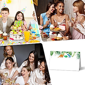 Zmyollo Dinosaur Table Place Cards - 25PCS Tent Cards - Tropical Dino Themed Food Lables - Name Place Cards for Table Setting - Name Cards for Birthday Party Baby Shower - Scored for Easy Folding -12