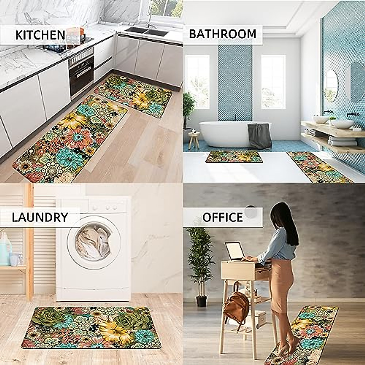 Boho Floral Kitchen Rug Set of 2 Colorful Flowers Anti Fatigue Non-Slip Kitchen Floor Mats Comfort Standing Bohemian Mat Waterproof Farmhouse Sink Laundry PVC Carpet(17.3 x 28 Inch+17.3 x 47 Inch)