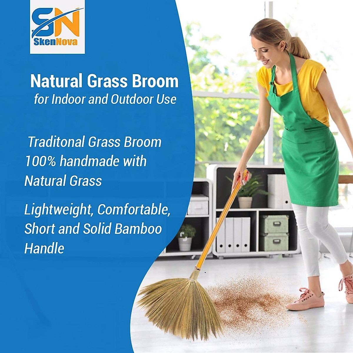 SKENNOVA - Set of Loincloth Fabric Broom Bag & Thai Traditional Grass Broom Vintage Style with Bamboo Brown Handle & Hand Grip with Wire Length 40-41-inch x Width 20-24-inch