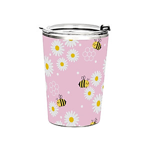 12 Oz Stainless Steel Vacuum Insulated Tumbler Cartoon Cute Bees Daisy Pink Coffee Cup with Lids and Straw Daisy Flower Double Wall Water Travel Mug for Hot and Cold Drinks for Home Office