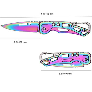 WWZJ 2 Pack Pocket Knife (Multicolored Titanium) with Key Ring Easy To Everyday Carry, Folding Knife Self-Defense