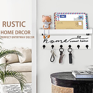 Ikviier Key Holder for Wall Decorative Made of Pine, Key Rack for Wall with Shelf, Key Hook for Wall with 6 Metal Hooks, Farmhouse Mail and Key Holder for Wall (C-White 02)