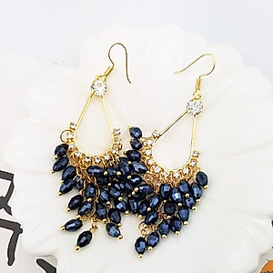 LAXPICOL Fashion Bohemian Long Earrings Blue Crystals Chandelier Fish Hook Earrings For Women Golden Tone