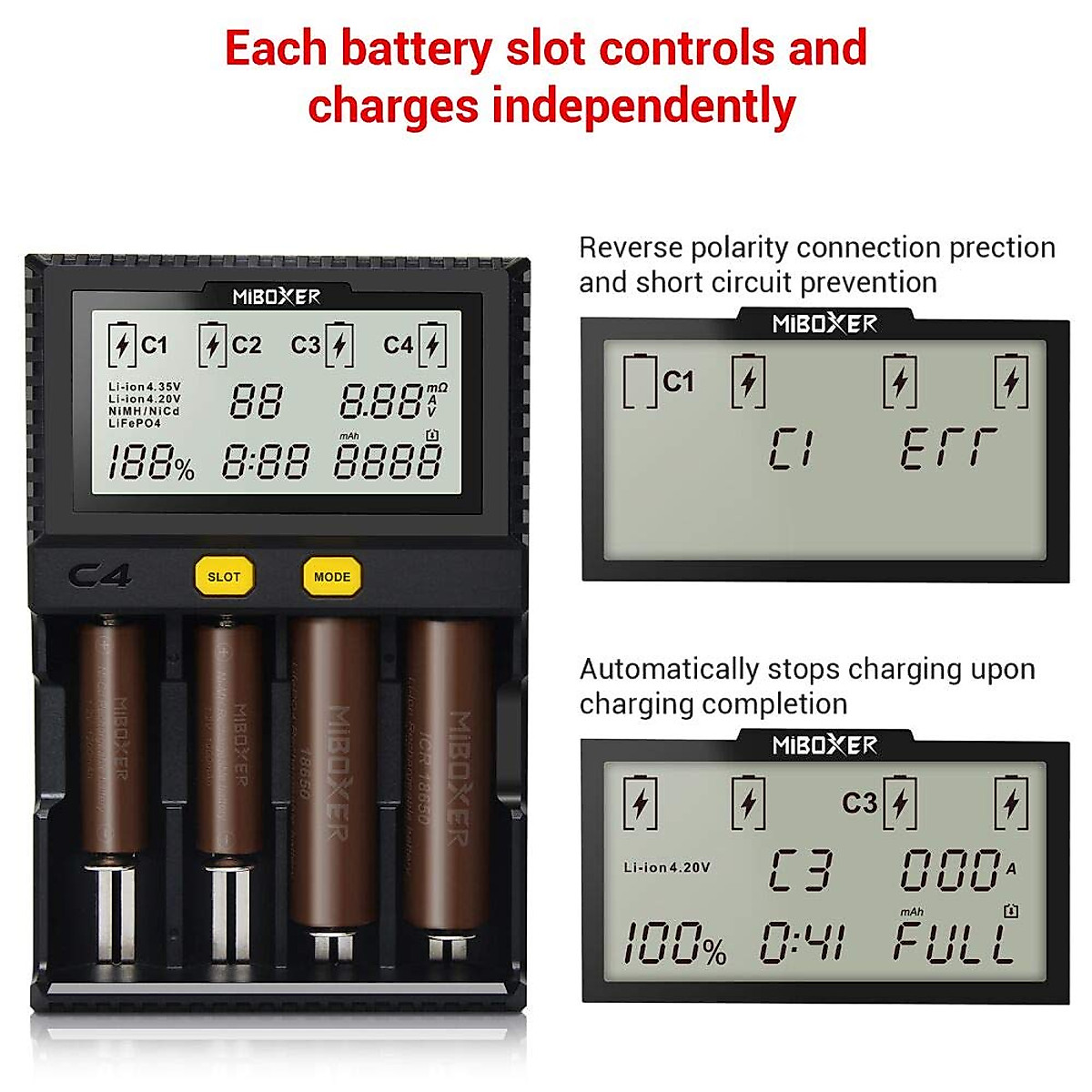 MiBOXER 18650 Battery Charger, Smart Universal 4-Bay Charger, Automatic LCD Display,Fast Charging Rechargeable Li-ion LiFePO4 Ni-MH Ni-Cd AA AAA C 18350 18500 18700 20700 21700 26650 RCR123