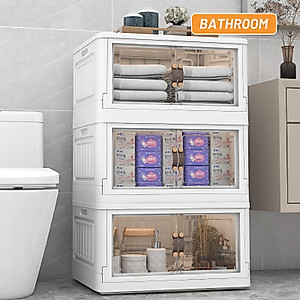 Shelime 4 Pack Foldable Storage Bins with Lids, 23 Gallon Collapsible Storage Bins with Doors and wheels, Stackable Storage Boxes Open Front, Plastic Closet Organziers for Home Bedroom.